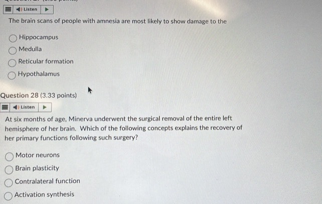 Solved: Listen The brain scans of people with amnesia are most likely ...