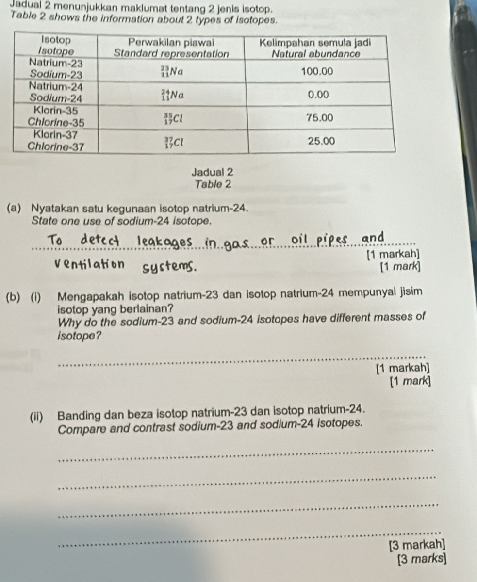 Selesai:Jadual 2 menunjukkan maklumat tentang 2 jenis isotop. Table 2 ...