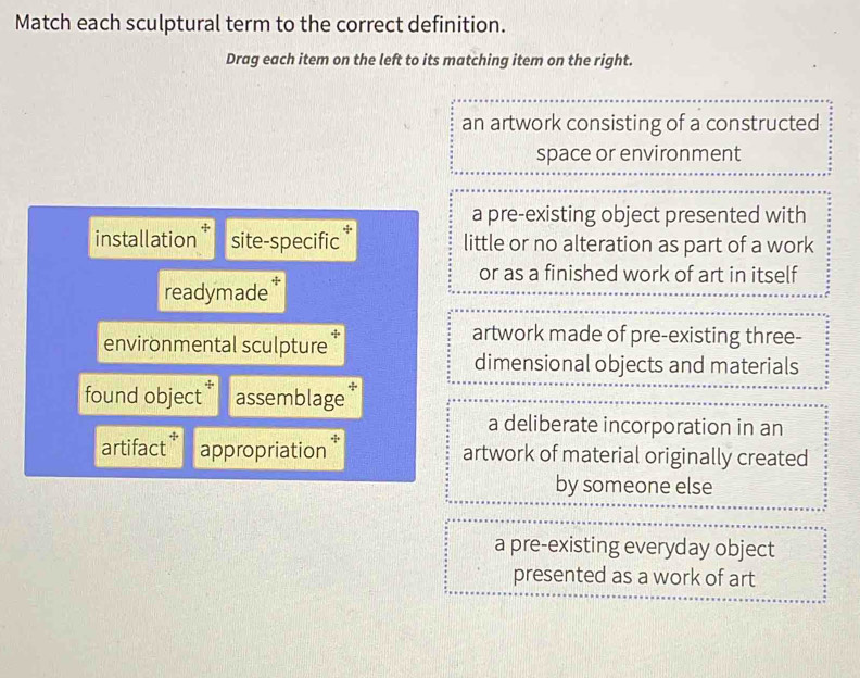 Solved: Match each sculptural term to the correct definition. Drag each ...