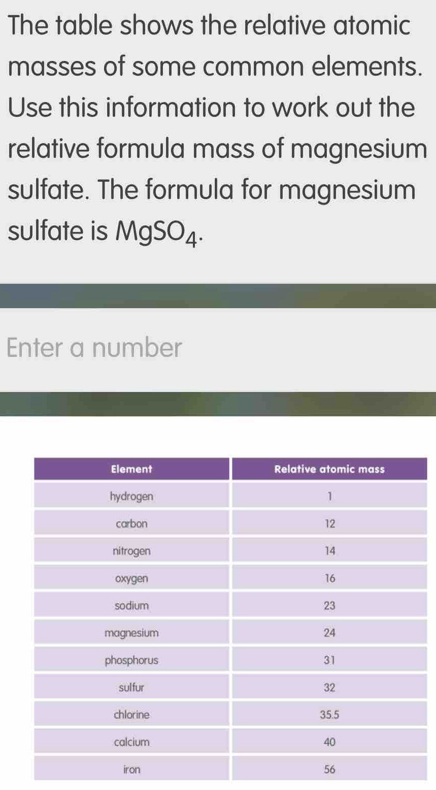 Solved: The table shows the relative atomic masses of some common elements. Use this information ...