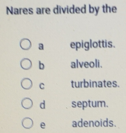 Solved: Nares are divided by the a epiglottis. b alveoli. C turbinates ...