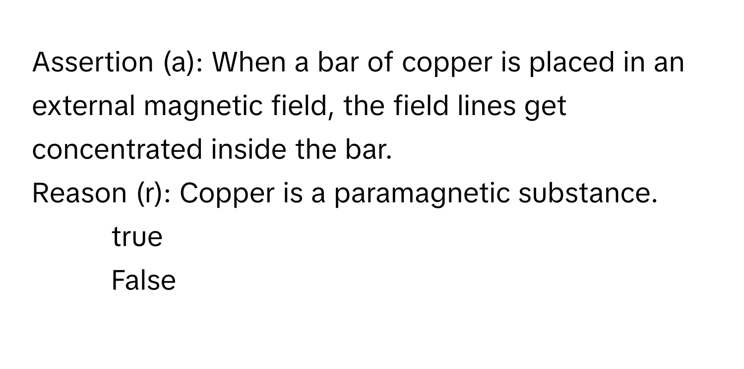Solved: Assertion (a): When a bar of copper is placed in an external ...