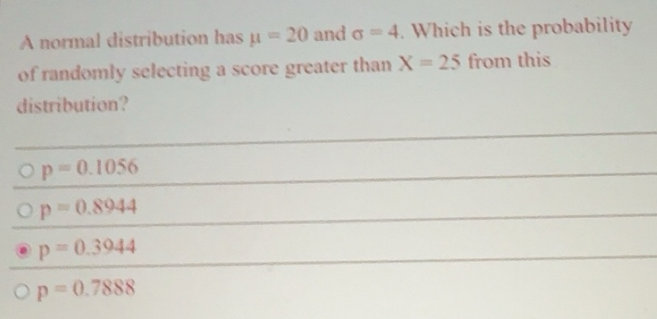 Solved: A normal distribution has mu =20 and sigma =4. Which is the ...