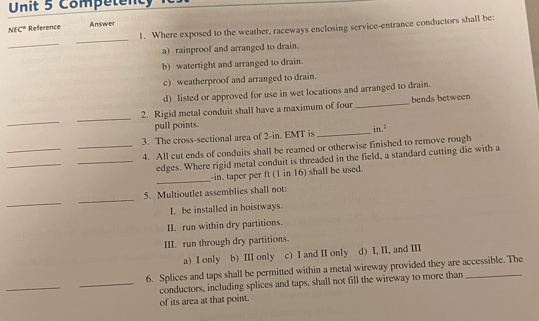 Solved: Competency NEC° Reference Answer 1. Where exposed to the ...