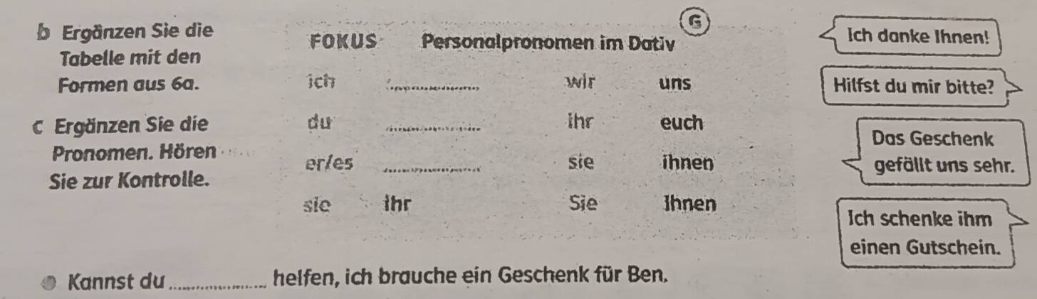 Gelöst:Ergänzen Sie die Personalpronomen im Dativ FOKUS Ich danke Ihnen ...