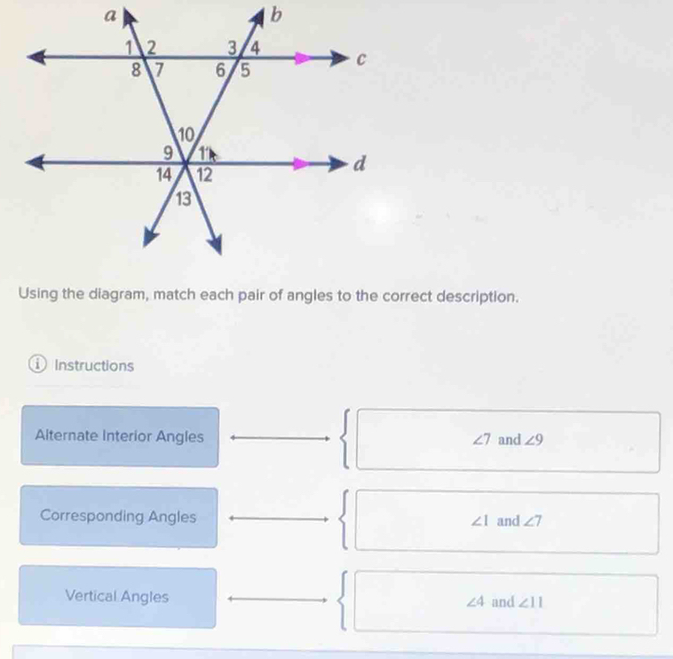 Solved: Using the diagram, match each pair of angles to the correct ...