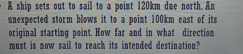 Solved: A ship sets out to sail to a point 120km due north. An ...