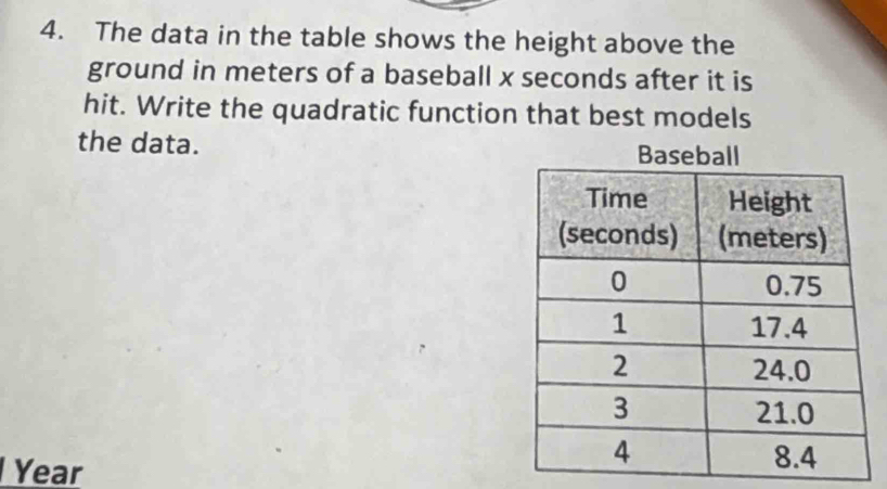 Solved: The data in the table shows the height above the ground in ...