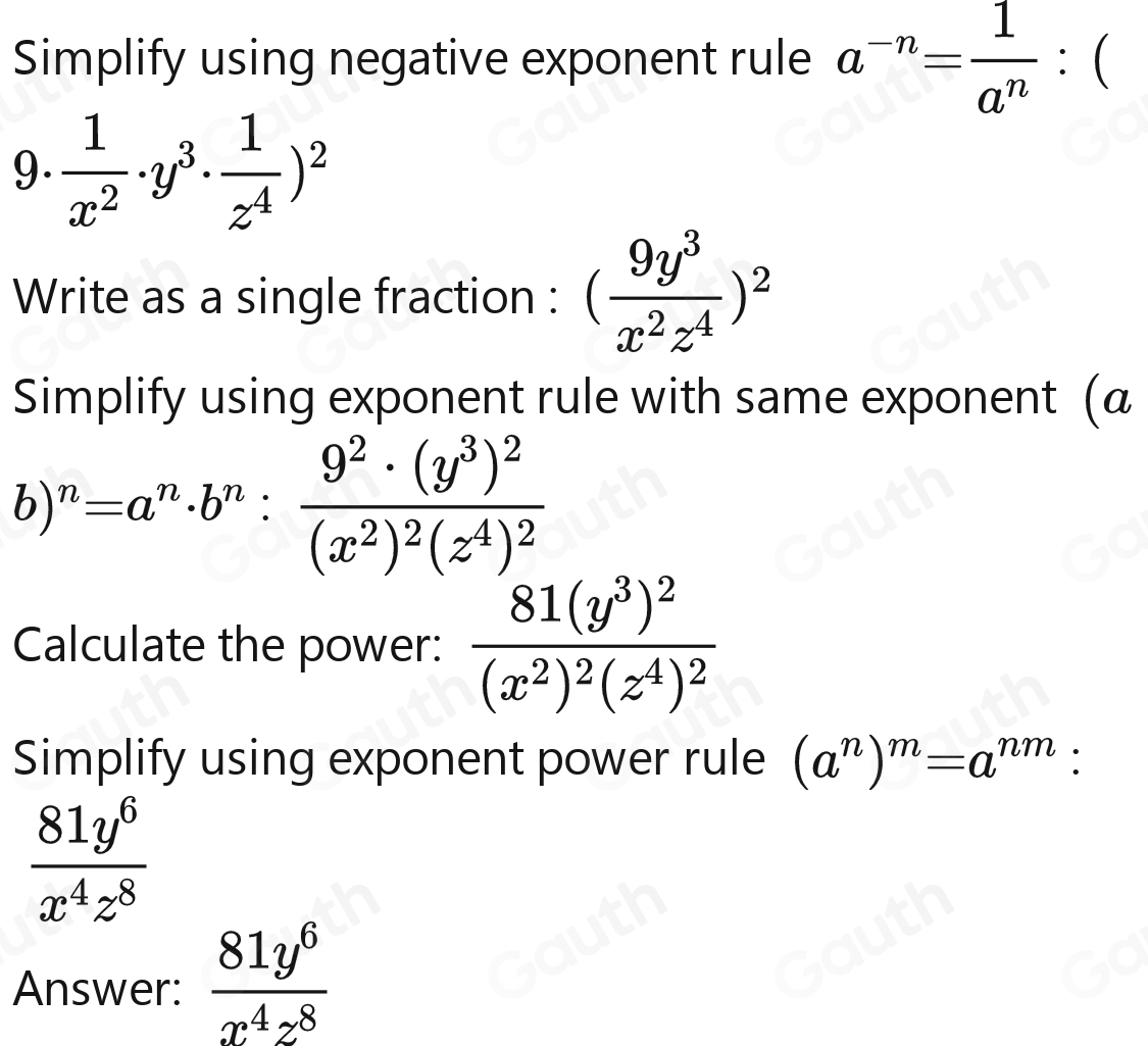 Telah dijawab:Hasil dari (9x^(-2) y^3 z^(-4) )^2 adalah.... a. 81x^4y^6 ...