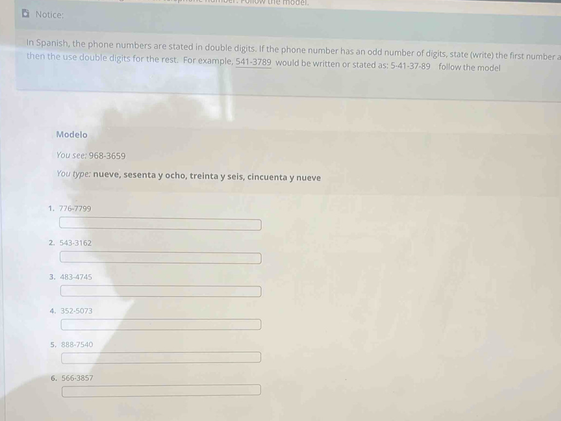 Solved: now the model. Notice: In Spanish, the phone numbers are stated ...