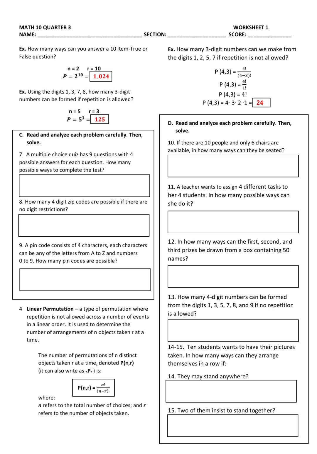 Solved: MATH 10 QUARTER 3 WORKSHEET 1 NAME:_ SECTION:_ SCORE:_ Ex. How ...