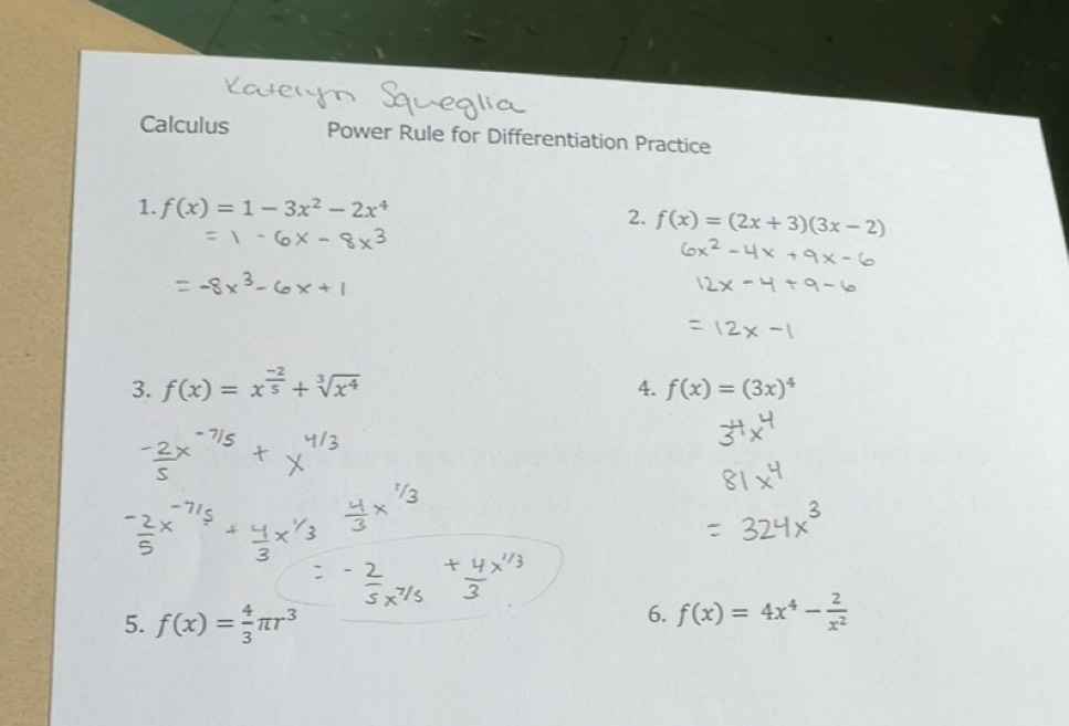 Solved: Calculus Power Rule for Differentiation Practice 1. f(x)=1-3x^2 ...