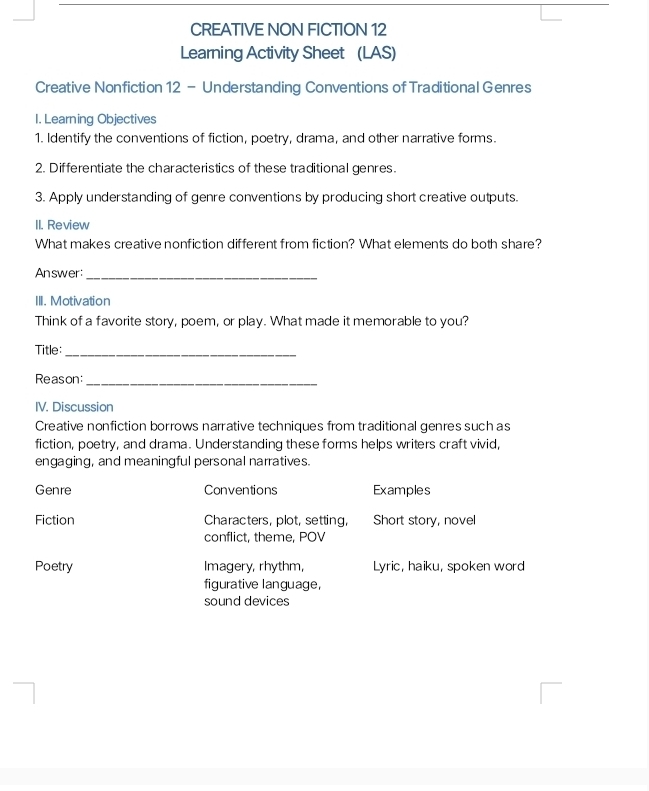 Solved: CREATIVE NON FICTION 12 Learning Activity Sheet (LAS) Creative ...