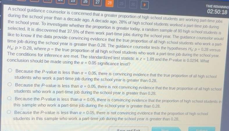 Solved: 2b 27 28 29 30 TIME REMAINING 02:50:18 A school guidance ...