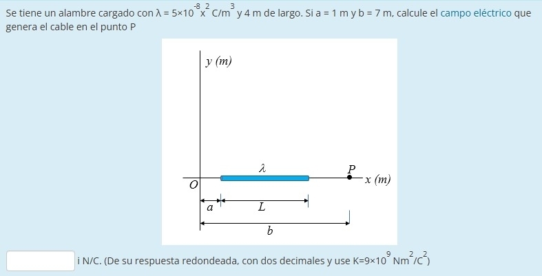 Resuelto:Se tiene un alambre cargado conlambda =5* 10^(-8)x^2c/m^3 y 4 ...