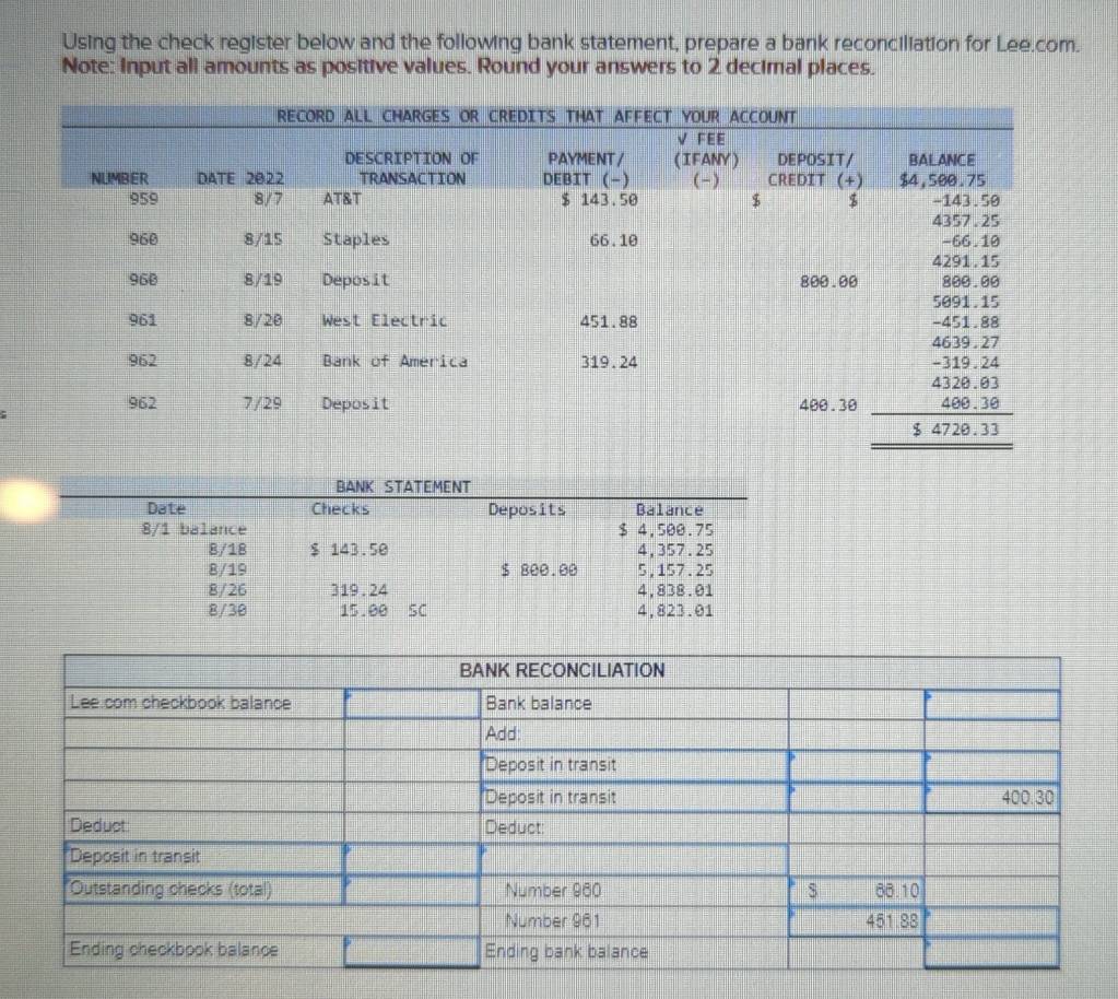 Solved: Using the check register below and the following bank statement ...