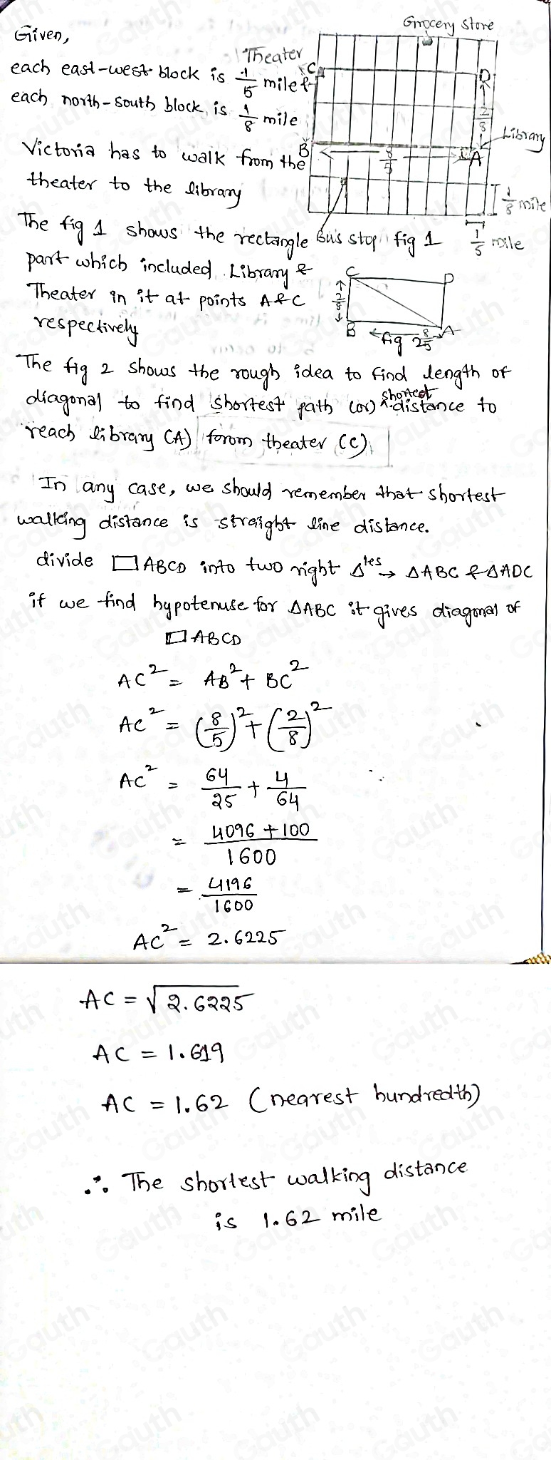 Solved: On the map (right), the length of each east-west block is 1/5 ...
