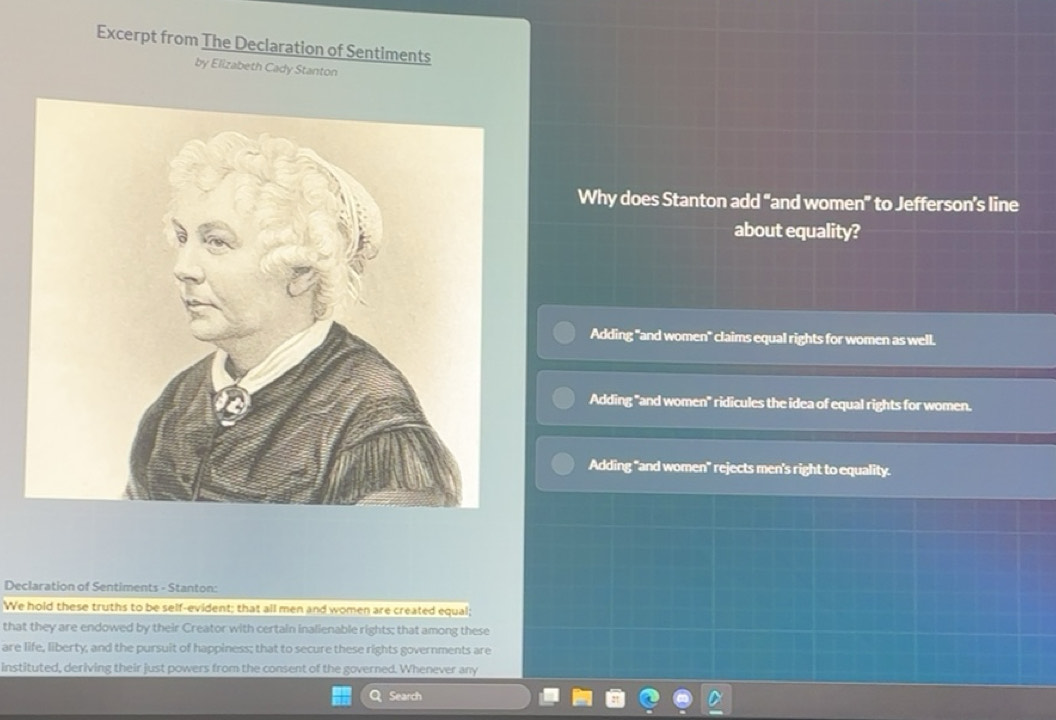 Gelöst:Excerpt from The Declaration of Sentiments by Elizabeth Cady ...