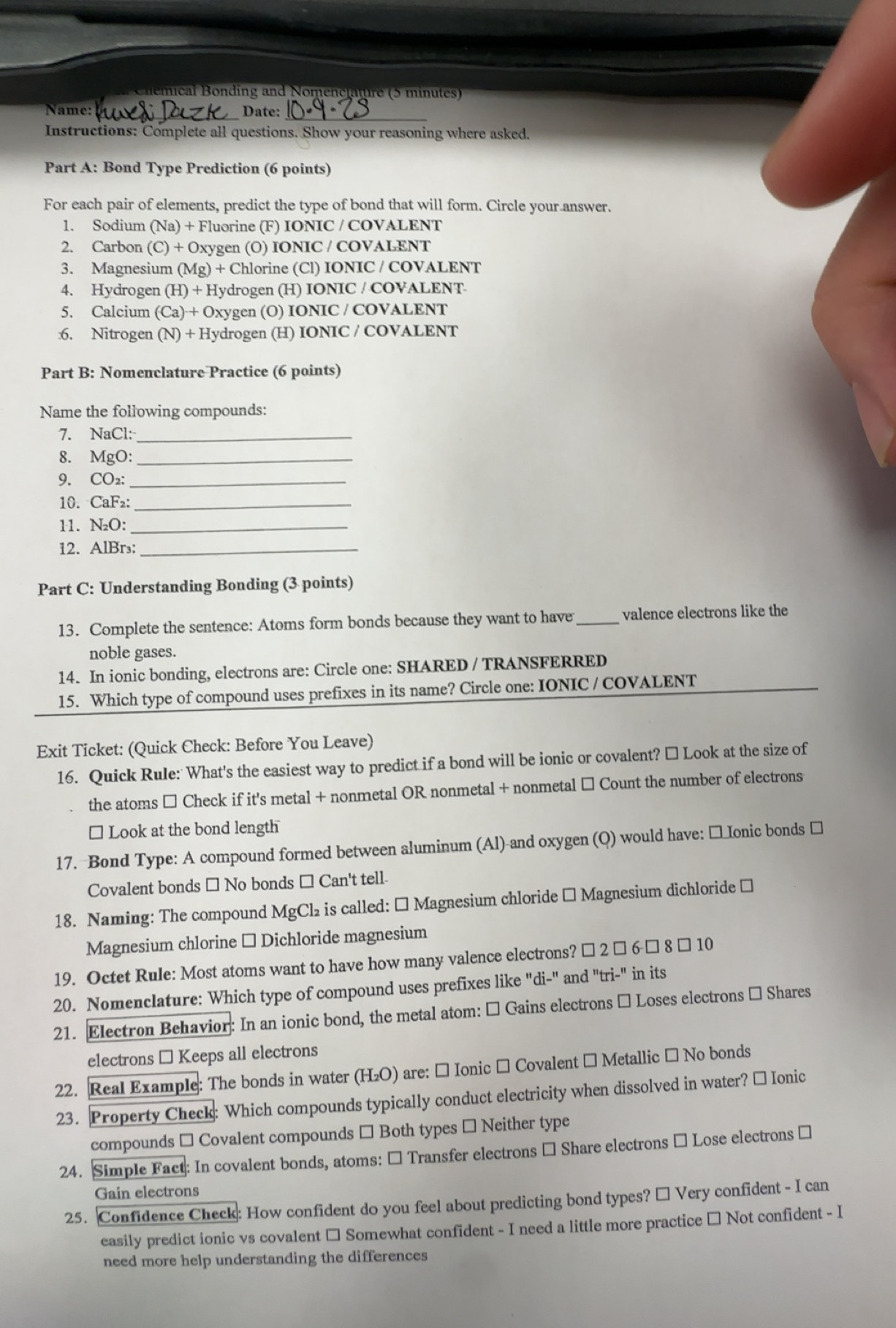 Résolu :Chémical Bonding and Nomenclature (5 minutes) Name:_ Date ...