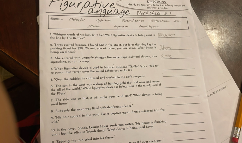 Solved: DIRECTIONS Identify the figurative device that is being used in ...