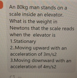 Solved: An 80kg man stands on a scale inside an elevator. What is the ...