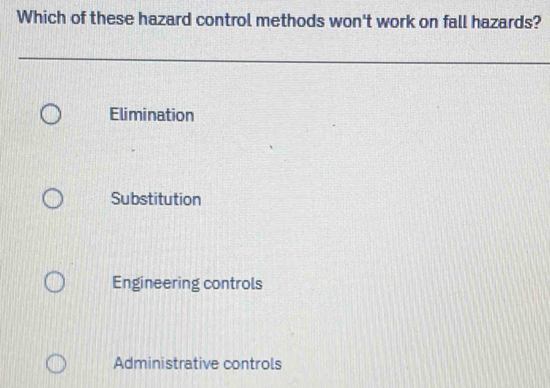 Solved: Which of these hazard control methods won't work on fall ...