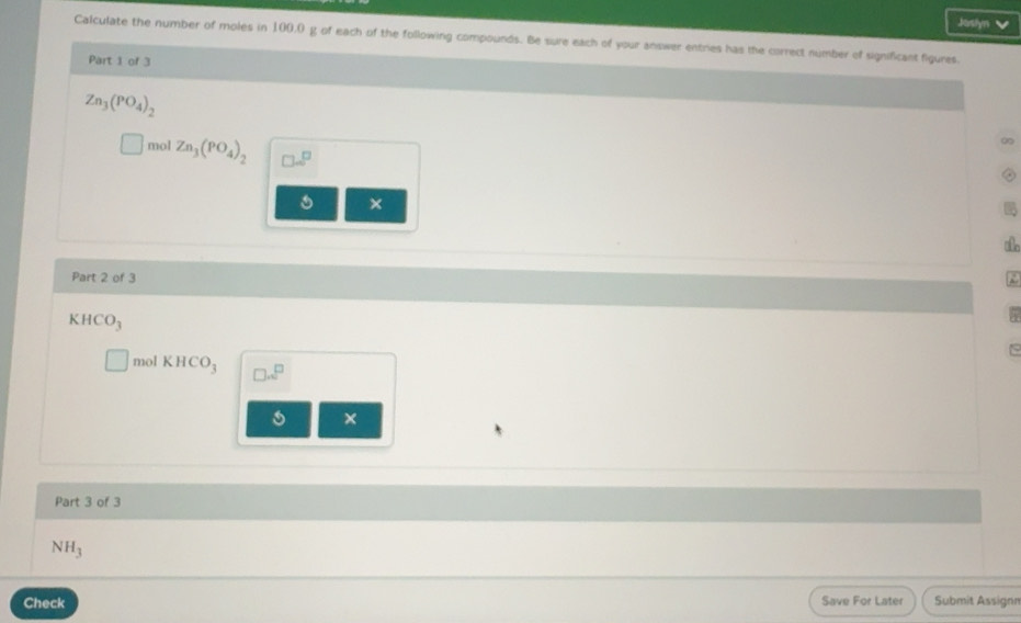Solved: Jasiyn Calculate the number of moles in 100,0 g of each of the ...