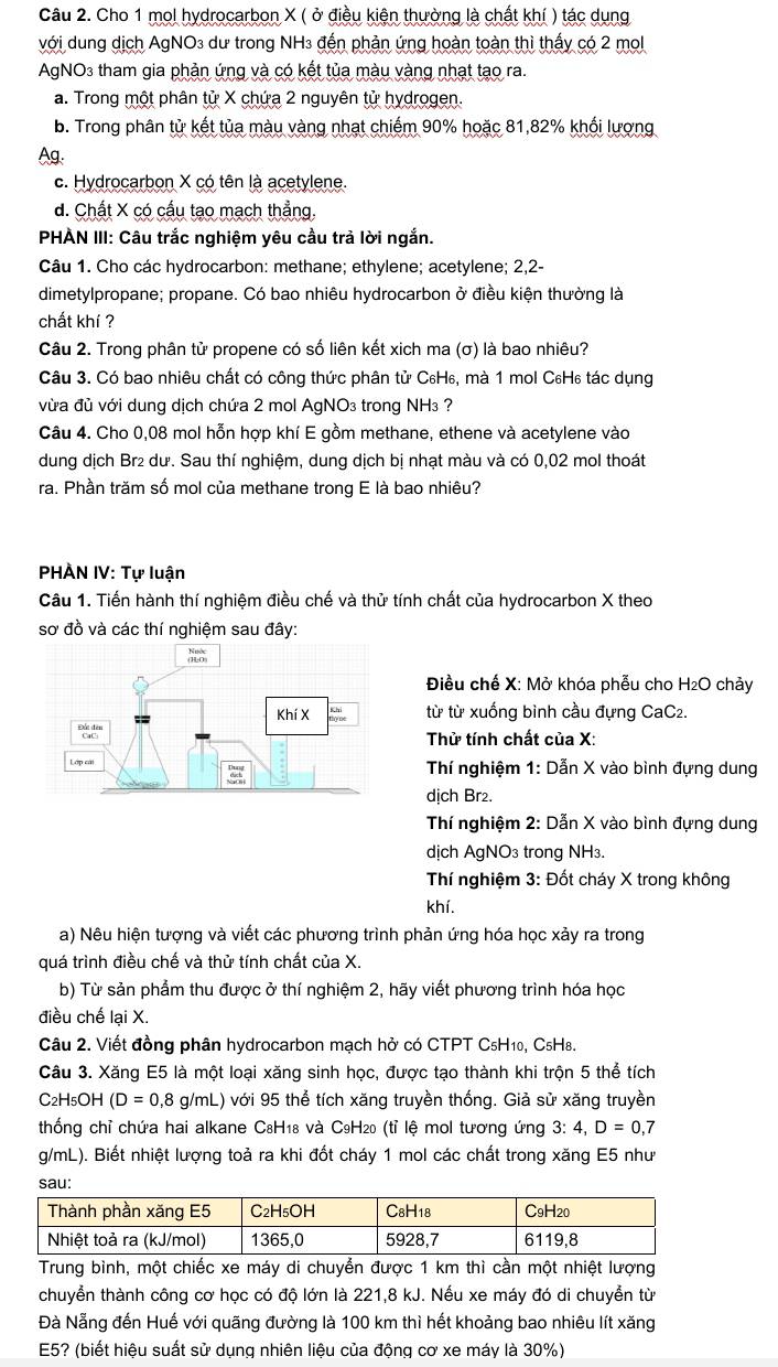 Giải quyết:Cho 1 mol hydrocarbon X ( ở điều kiện thường là chất khí ...