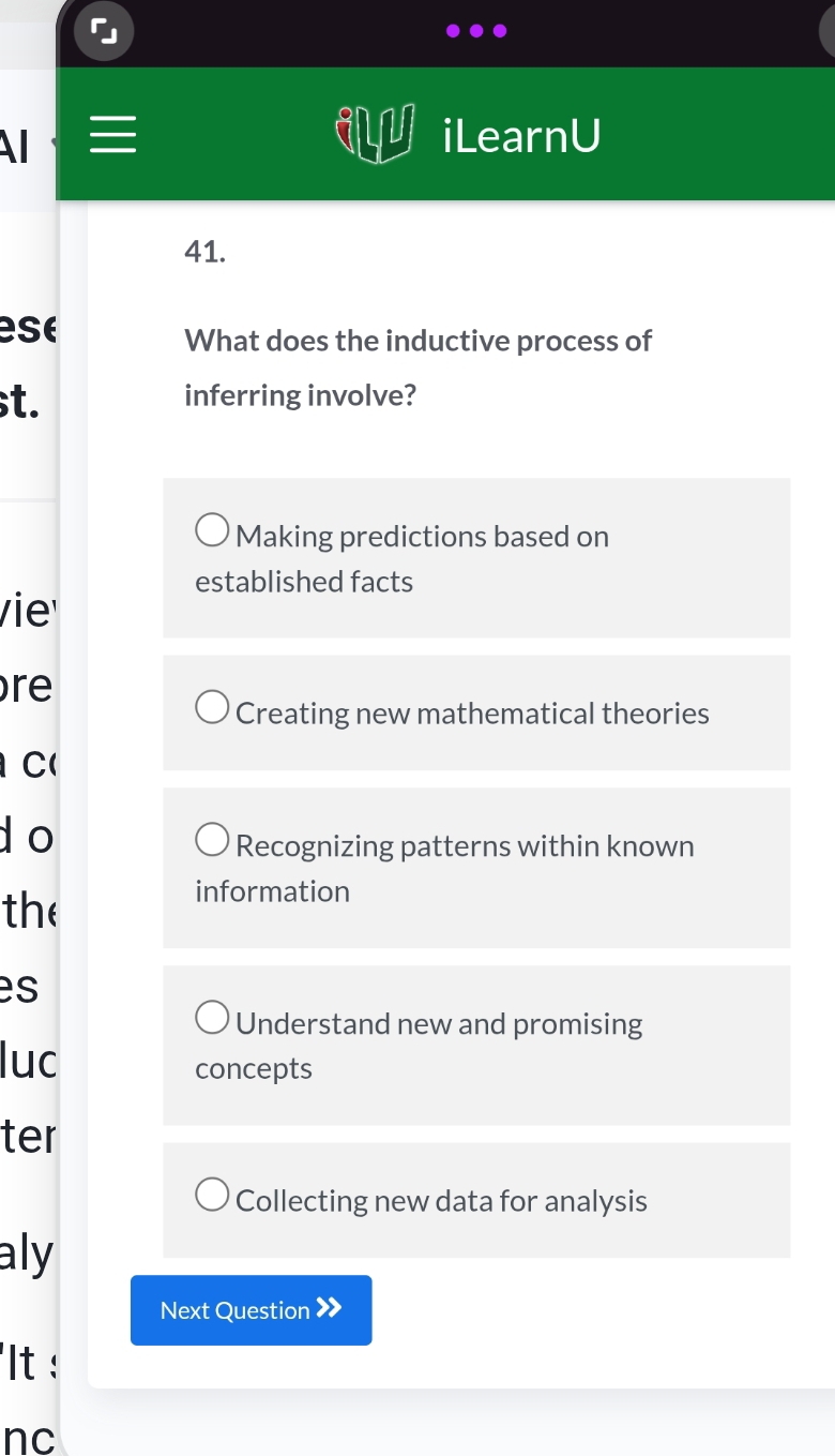 Solved: iLearnU 41. se What does the inductive process of t. inferring ...
