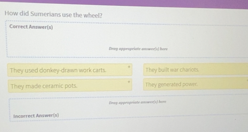 Solved: How did Sumerians use the wheel? Correct Answer(s) Drag ...