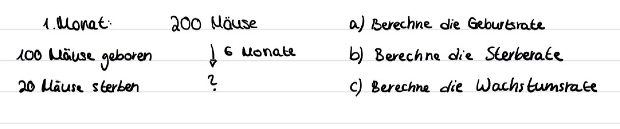 Gelöst:Monat: 200 Mause a) Berechne die Geburtsrate 100 Mause geboren 16 uonate b) Berechne die