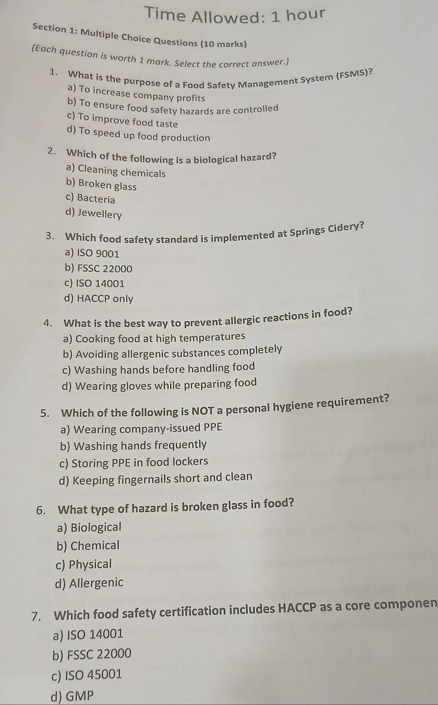 Résolu :Time Allowed: 1 hour Section 1: Multiple Choice Questions (10 ...