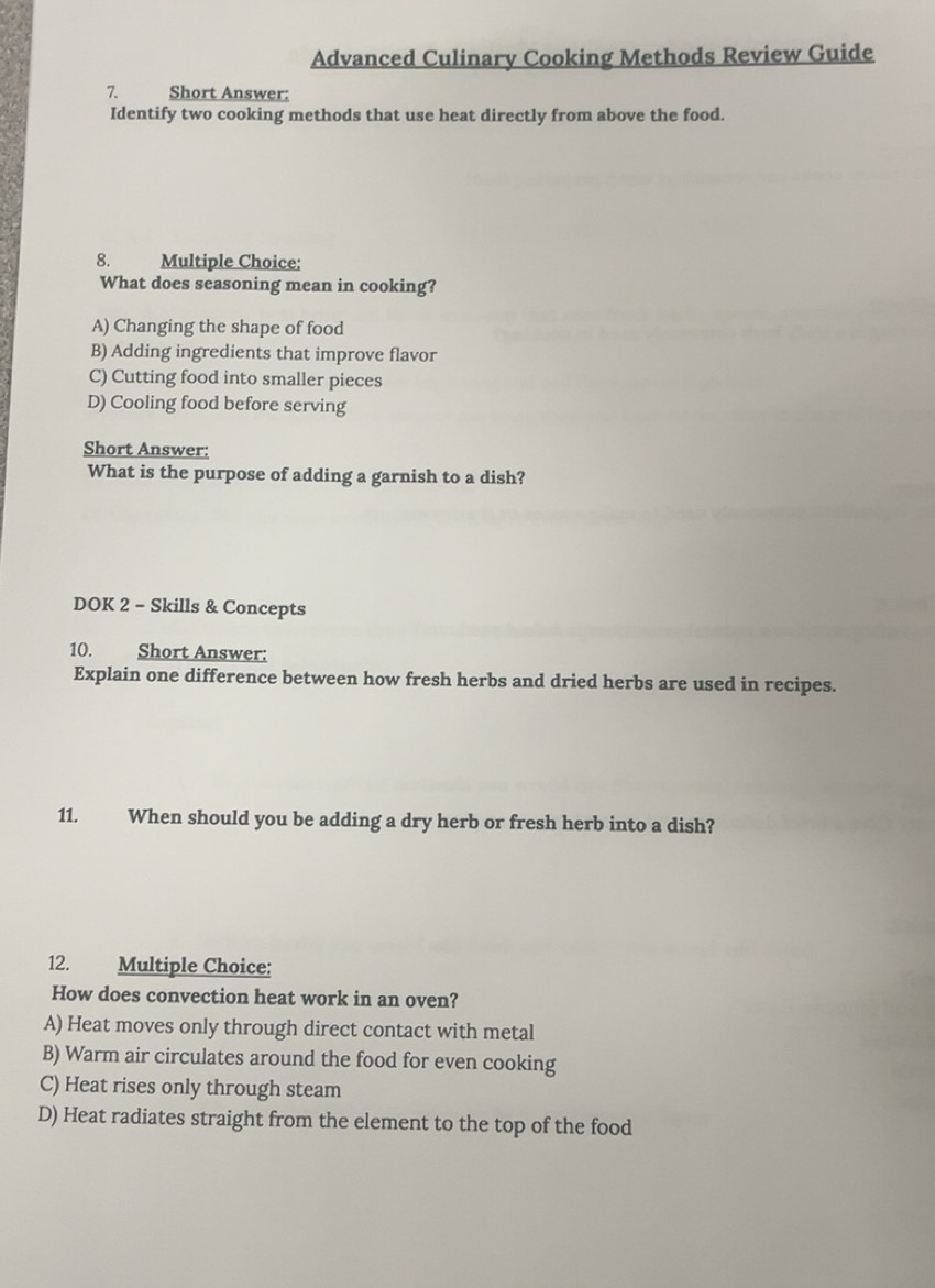 Solved: Advanced Culinary Cooking Methods Review Guide 7. Short Answer ...