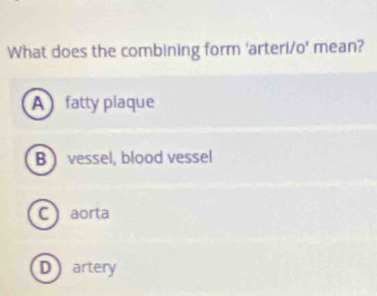 Solved: What does the combining form 'arteri/o' mean? A fatty plaque B ...