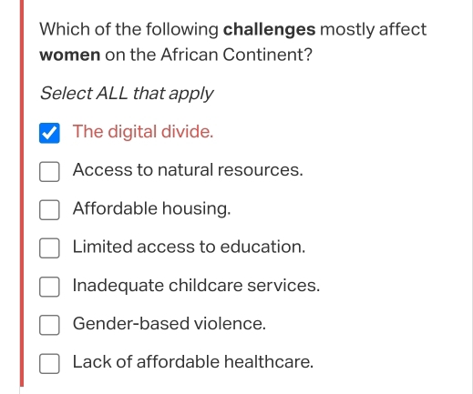 Solved: Which of the following challenges mostly affect women on the ...