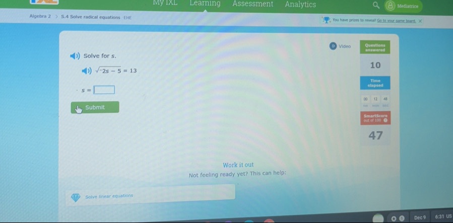 Solved: My1xL Learning Assessment Analytics Mediatrice Algebra 2 > S.4 ...