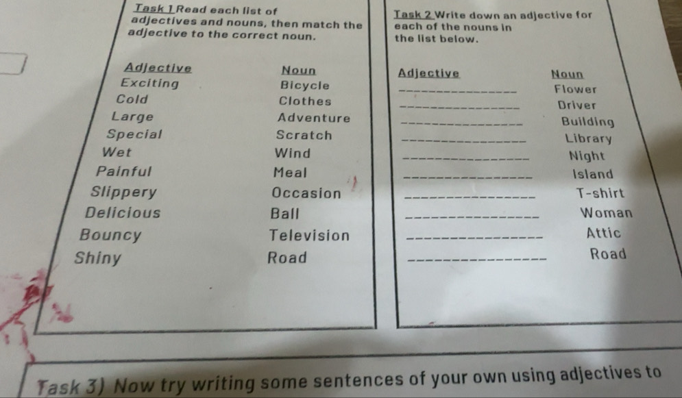 Selesai:Task 1 Read each list of Task 2 Write down an adjective for ...