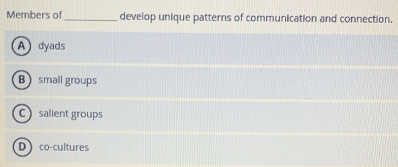 Solved: Members of_ develop unique patterns of communication and ...