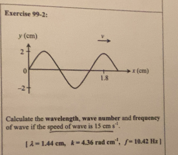 Selesai:Exercise 99-2: Calculate the wavelength, wave number and frequency of wave if the speed of
