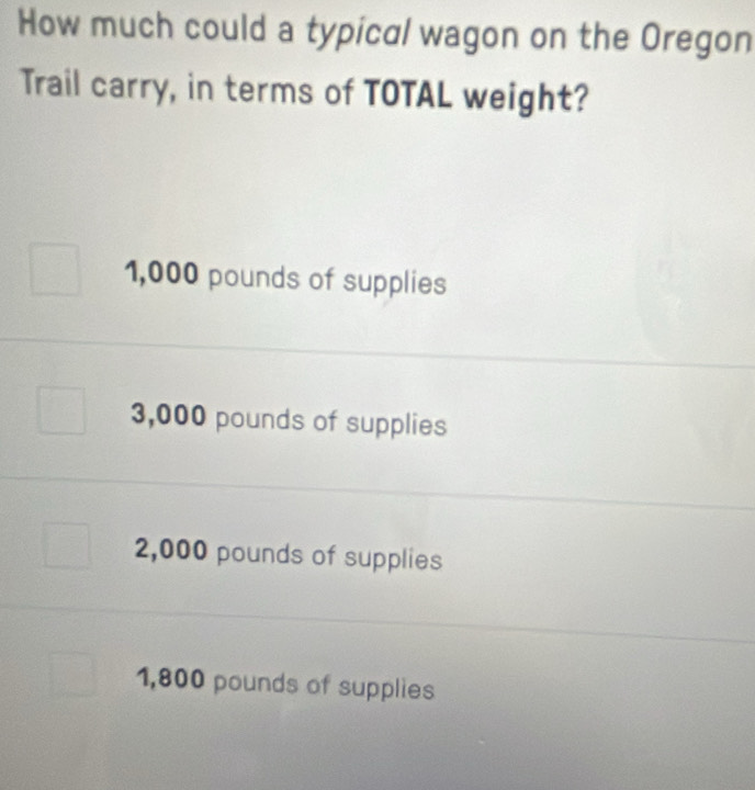 Solved: How much could a typical wagon on the Oregon Trail carry, in ...