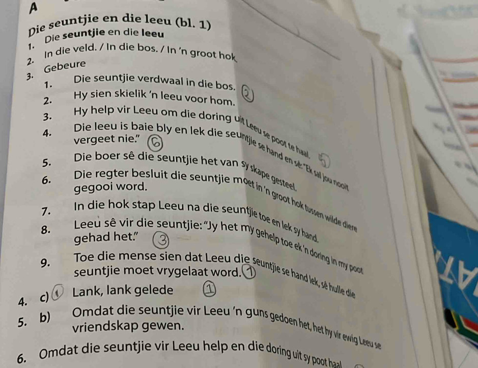 Solved: A Die seuntjie en die leeu (bl. 1) 1. Die seuntjie en die lee 3. Gebeure 2. In die veld ...