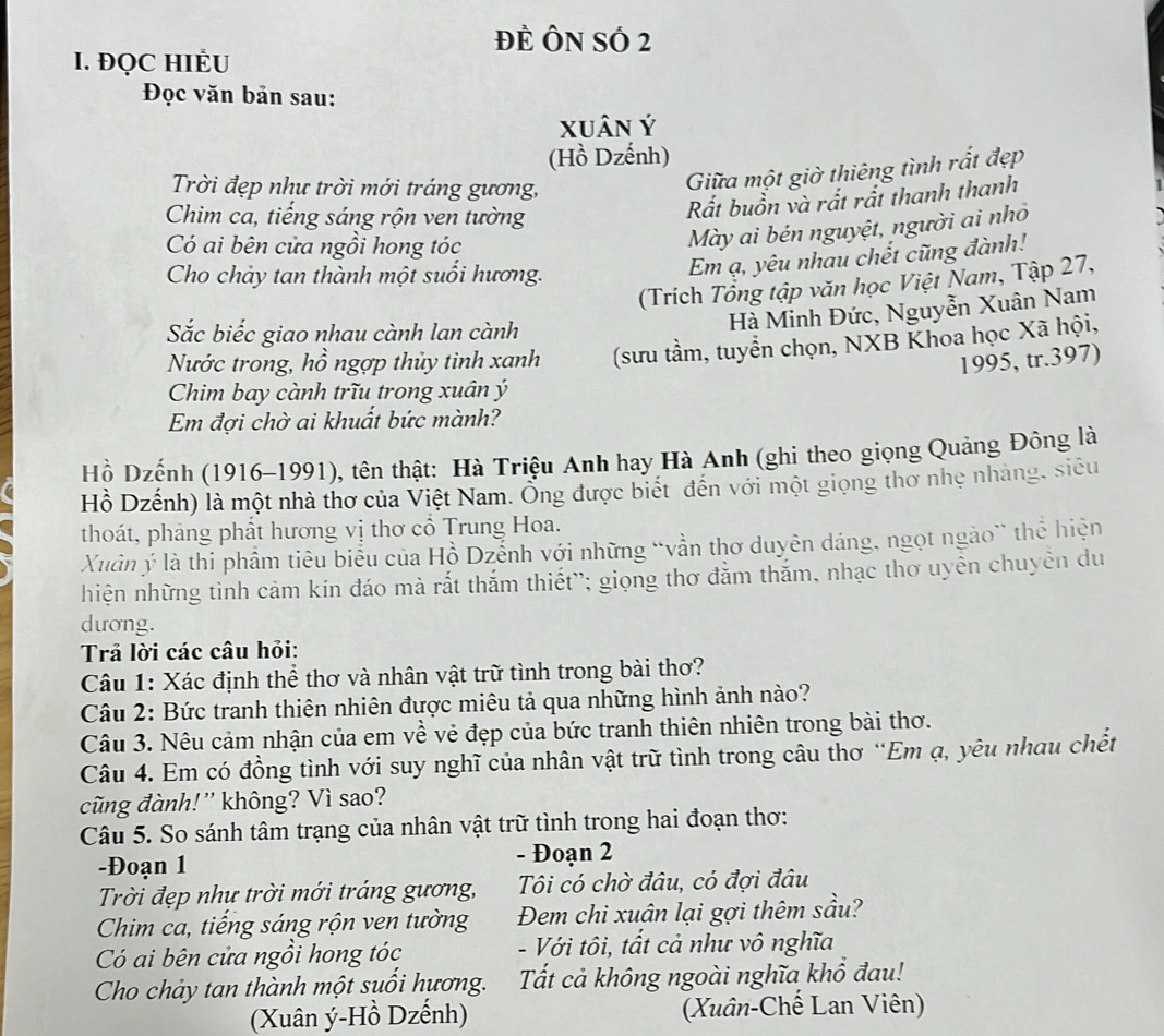 Giải quyết:Đẻ ÔN SÓ 2 I. ĐQC HIÉU Đọc văn bản sau: xUân Ý (Hồ Dzếnh ...