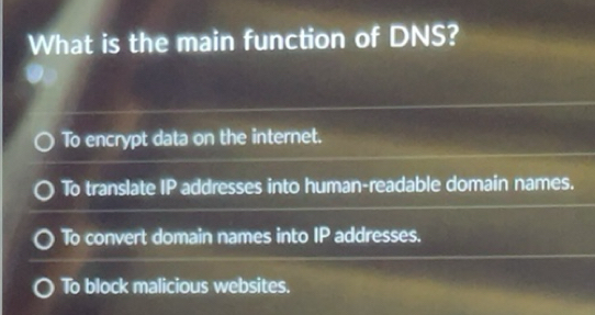 Solved: What is the main function of DNS? To encrypt data on the ...