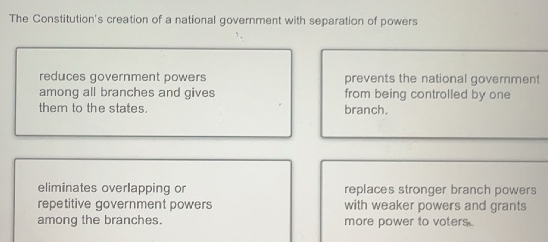 Solved: The Constitution's creation of a national government with ...