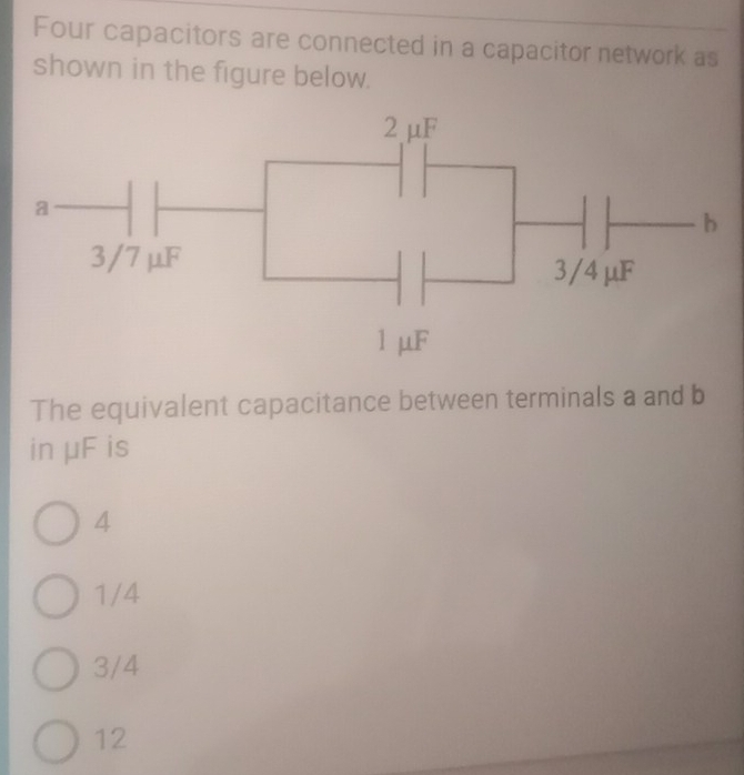 Solved: Four capacitors are connected in a capacitor network as shown ...
