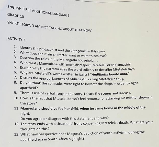Solved: ENGLISH FIRST ADDITIONAL LANGUAGE GRADE 10 SHORT STORY: ‘I AM ...
