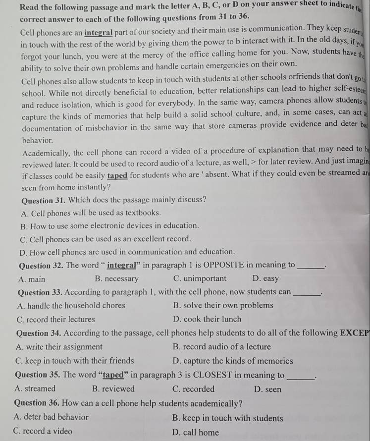 Giải quyết:Read the following passage and mark the letter A, B, C, or D ...