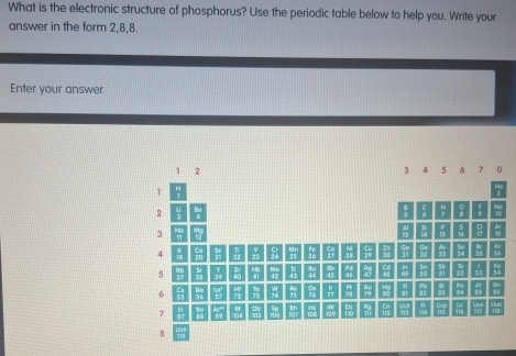 Solved: What is the electronic structure of phosphorus? Use the periodic table below to help you ...