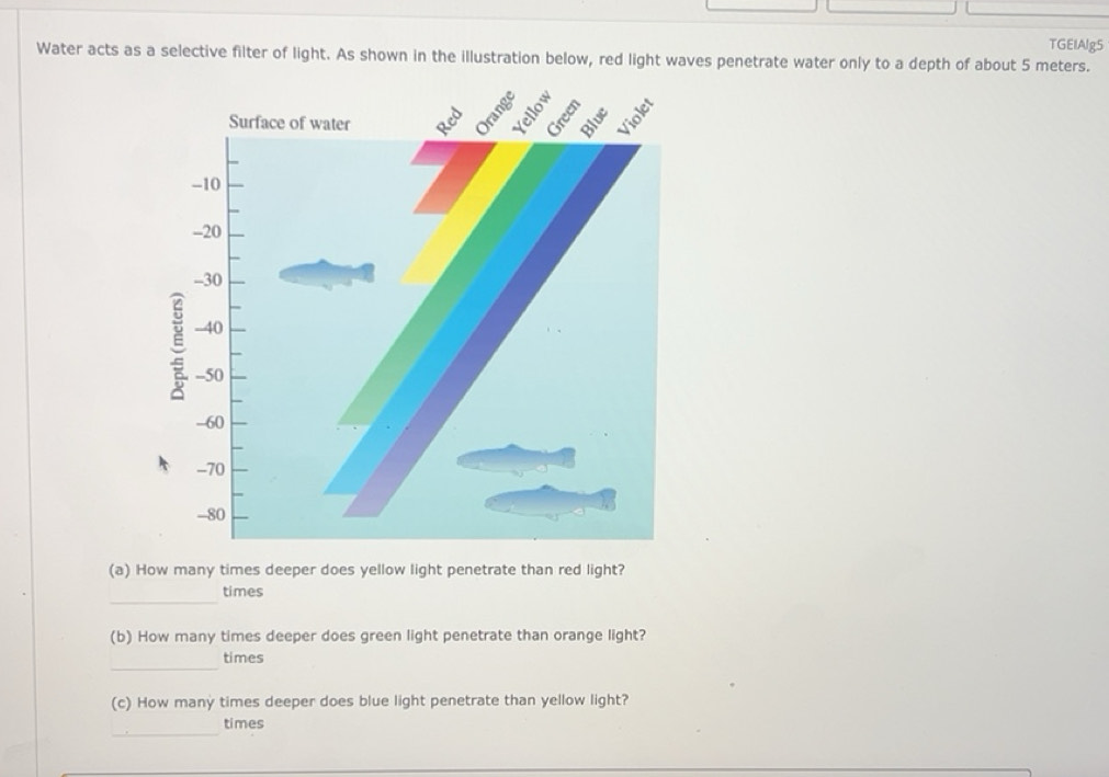 Solved: TGEIAlg5 Water acts as a selective filter of light. As shown in ...