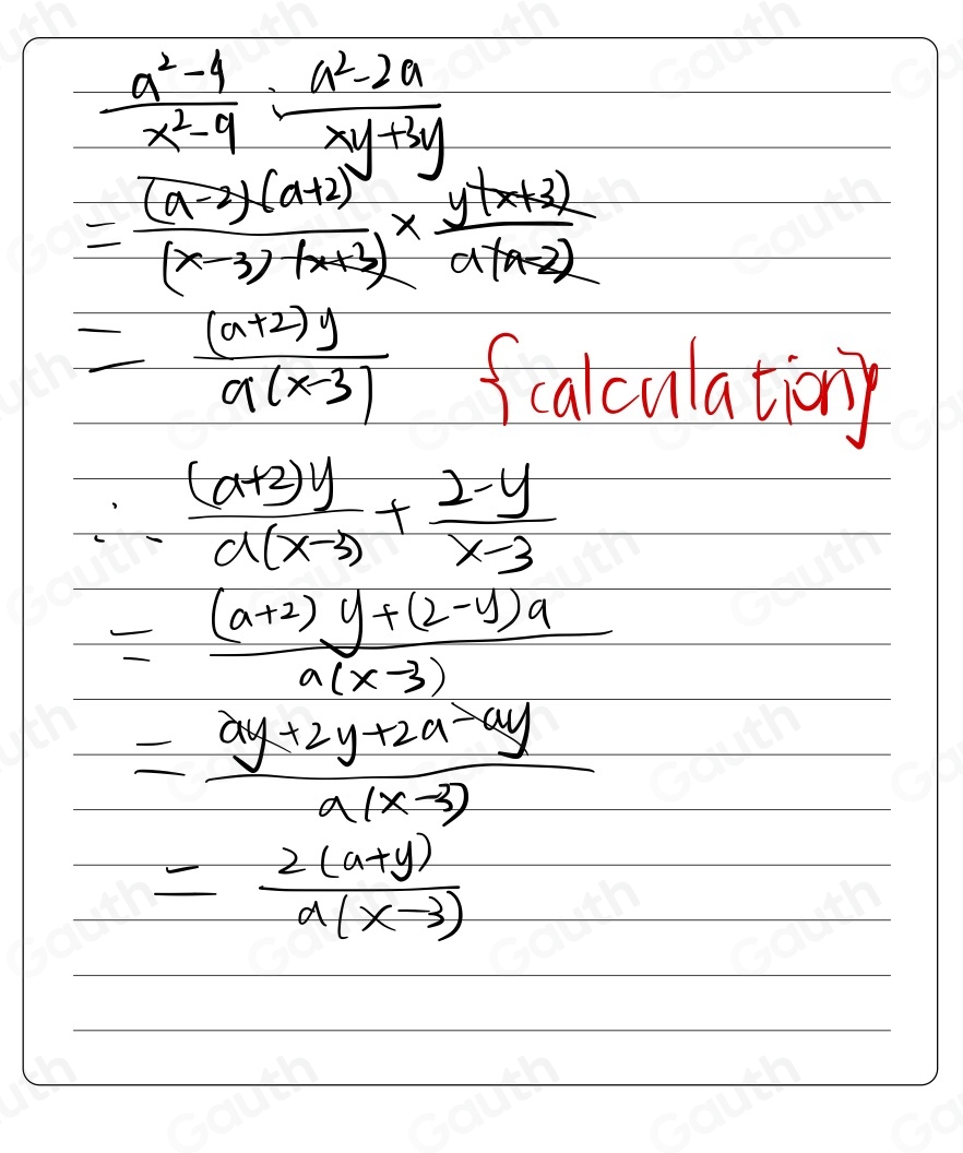 Solved: (a^2-4)/x^2-9 : (a^2-2a)/xy+3y + (2-y)/x-3 . [Math]